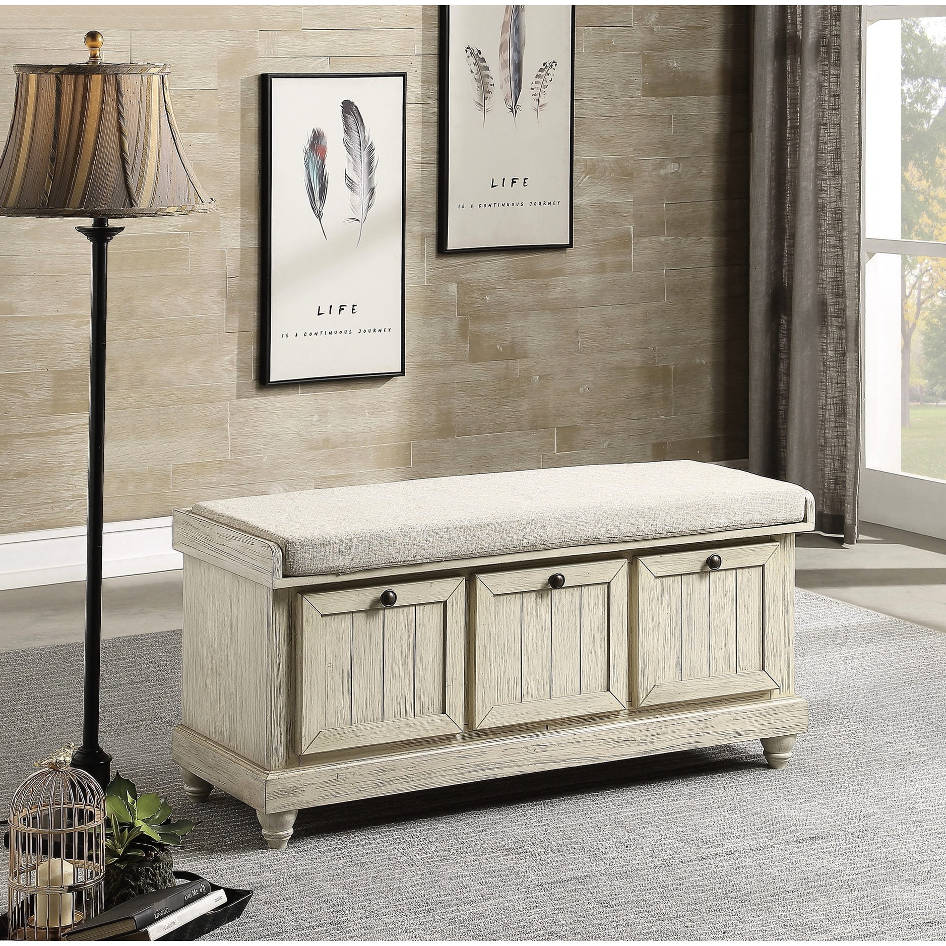 Beige Upholstered Storage Bench | Flip-Top Seat for Interior ...