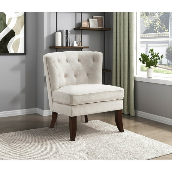 Beige Upholstery Button Tufted Chair with Plywood | Solid Wood Legs ...