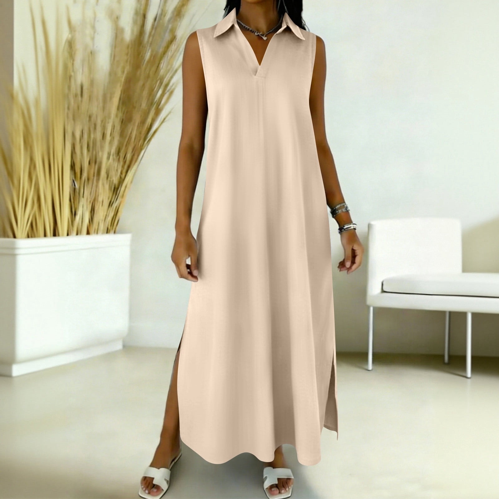 Beige V Turtle Neck Dress for Ladies Fall Summer Sleeveless Midi Lounge ...