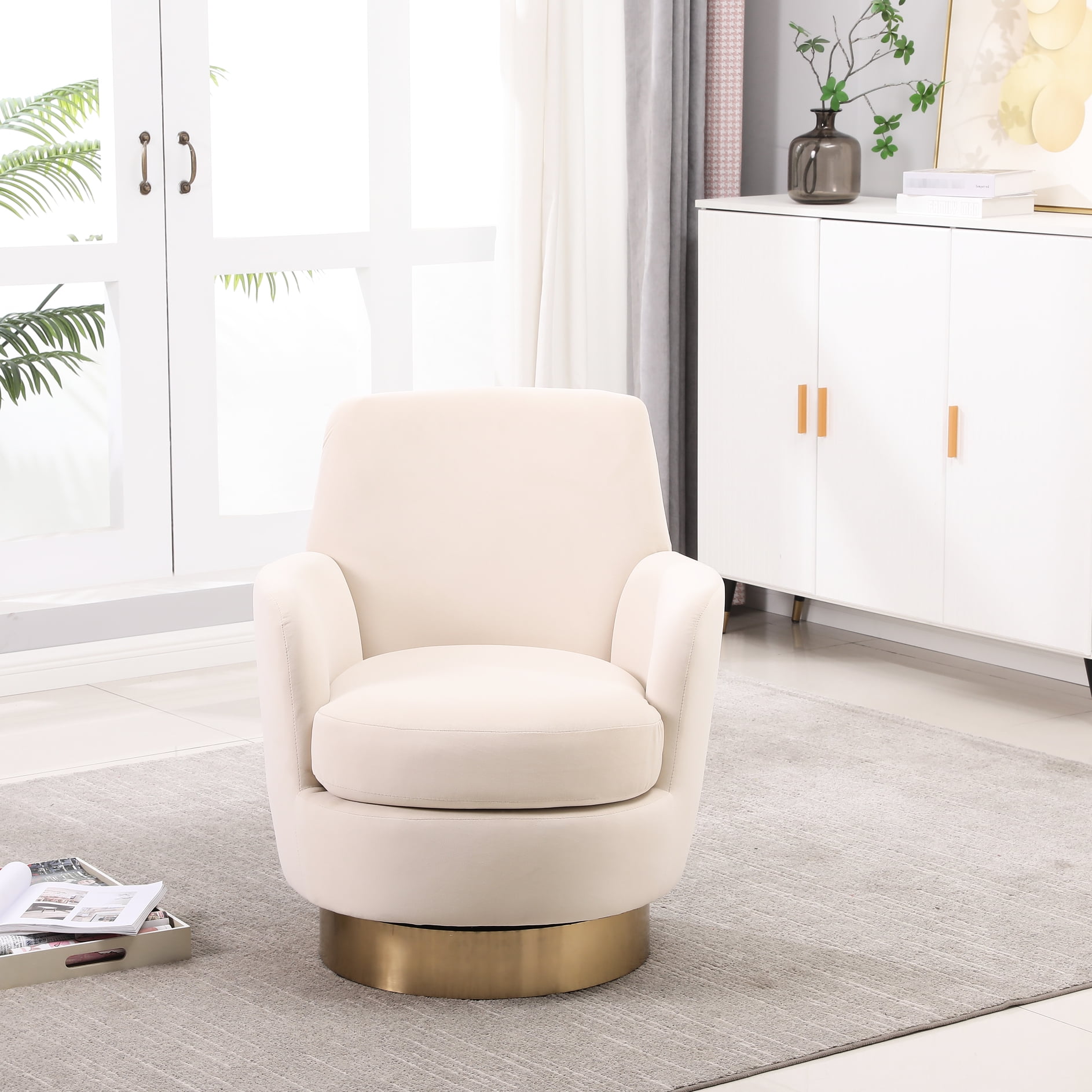 Beige Velvet Accent Swivel Chair - Living Room Chic. Ergonomic, Soft ...