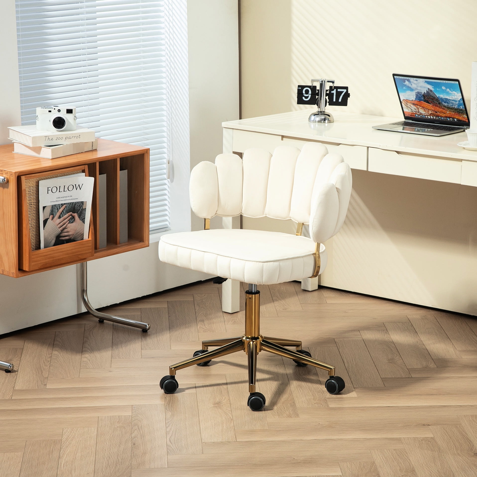 Beige Velvet Computer Desk Chair, Height Adjustable, Swivel, With ...