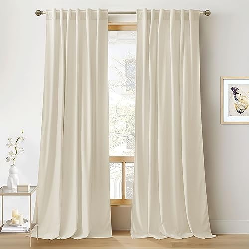 Beige Velvet Curtains 100 inches, Back Tab Soft Fabric Room Darkening ...