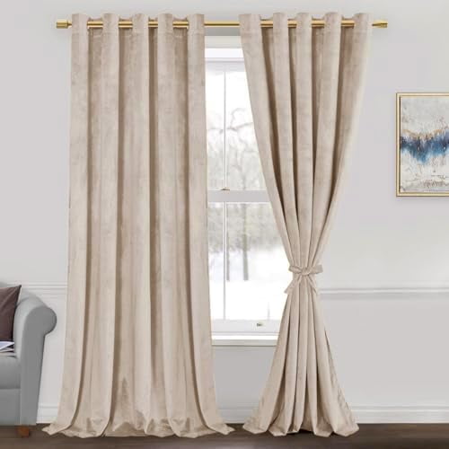 Beige Velvet Curtains 96 inches for Living Room - Thermal Insualted ...