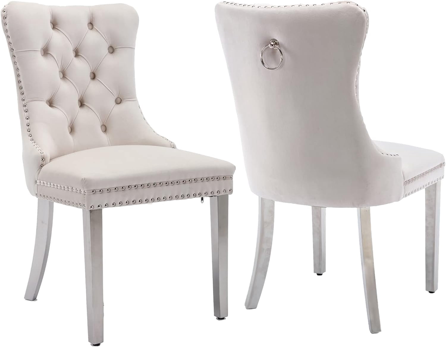 Beige Velvet Dining Chairs Set of 2 – Upholstered with Back Ring Pull ...