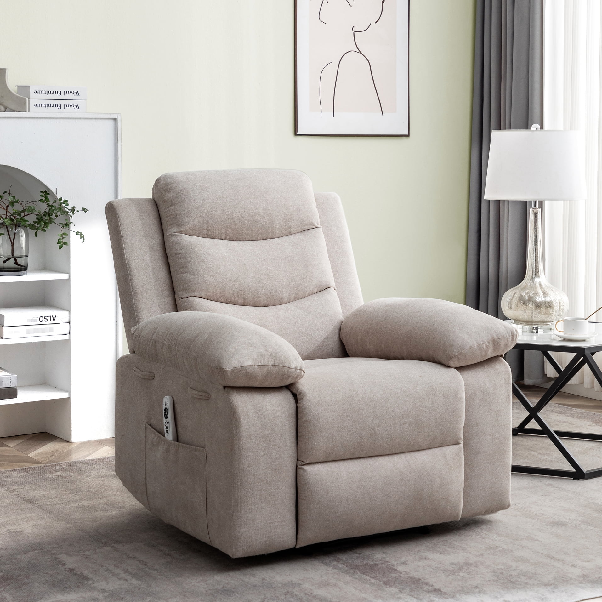 Beige Velvet Electric Recliner With Massage Function And Heating ...