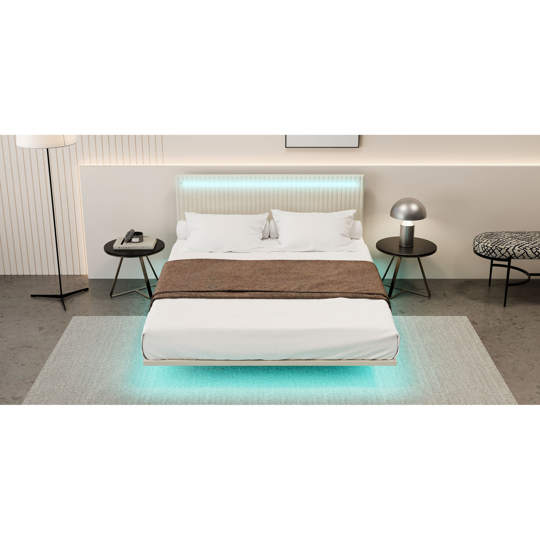 Beige Velvet Floating Bed Frame with RGB Lights and Floating Design ...