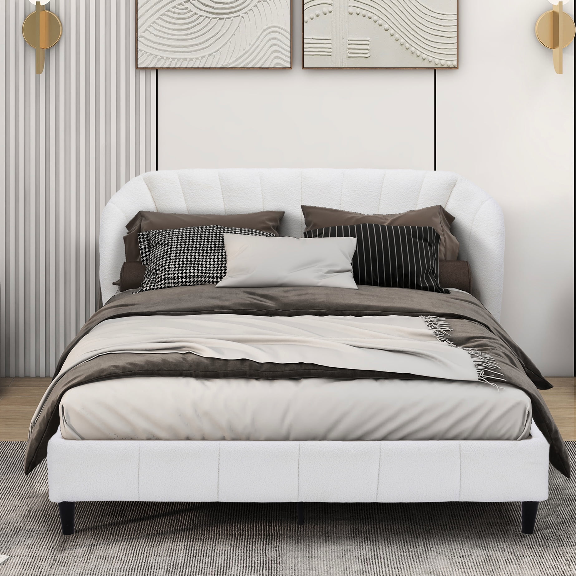 Beige Velvet Platform Bed For Queen With Wingback - No Box Spring ...