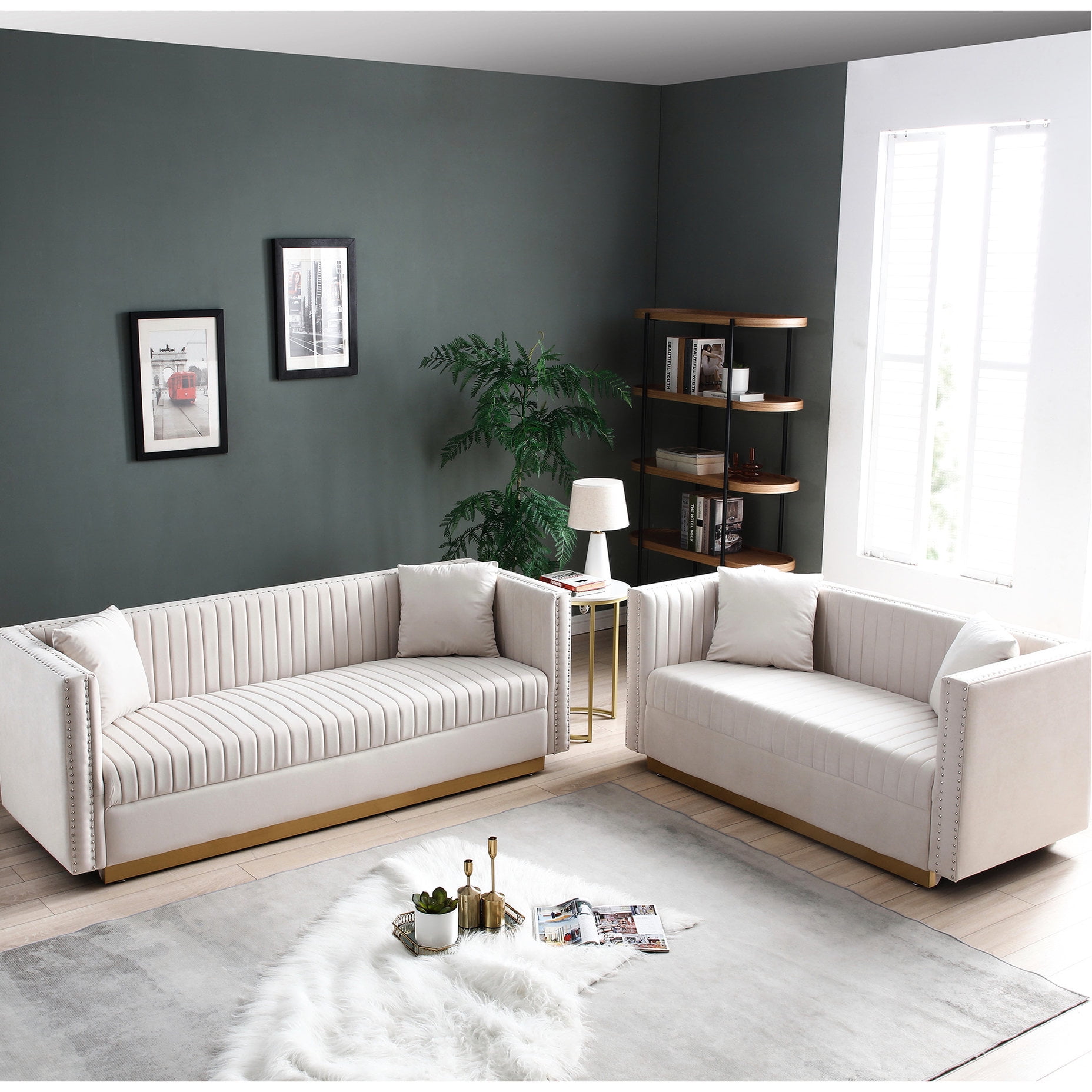 Beige Velvet Sofa+Vertical Channel Design”-“Modern Home+Unique ...
