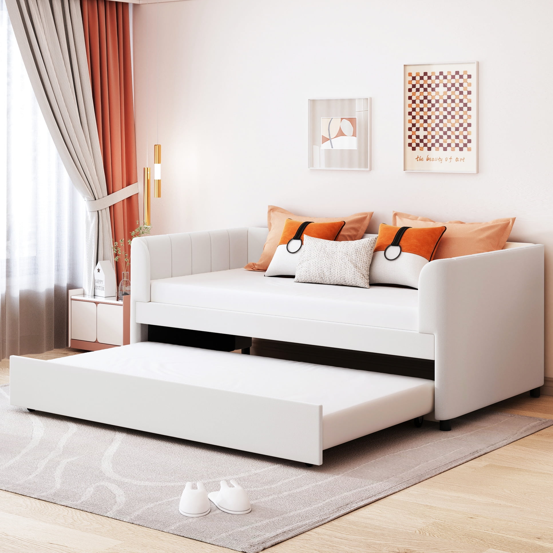 Beige Velvet Twin Daybed With Ergonomic And Compact Storage Trundle ...