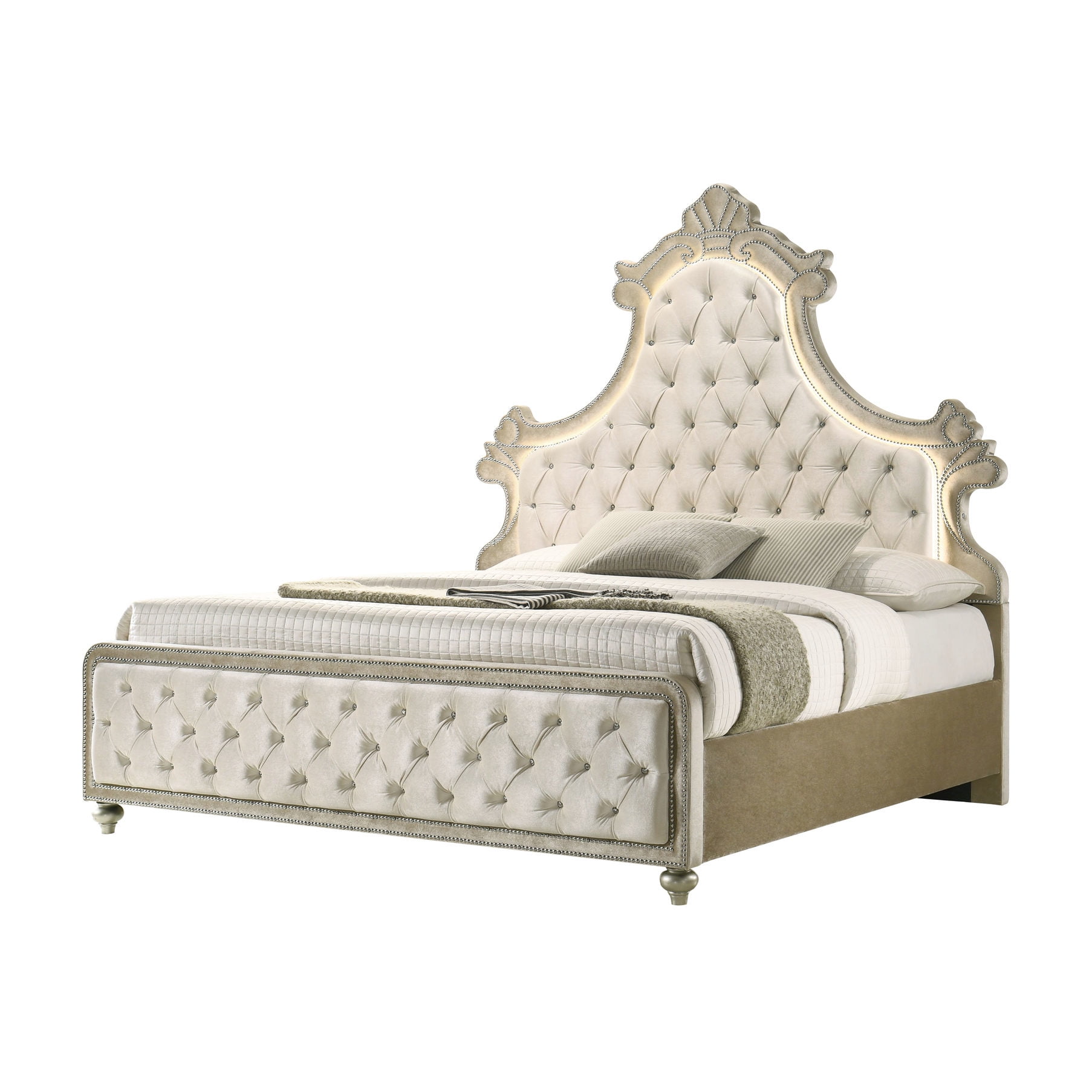 Beige Velvet and Wood Bed | LED Lighting in Headboard | Foam Padding ...