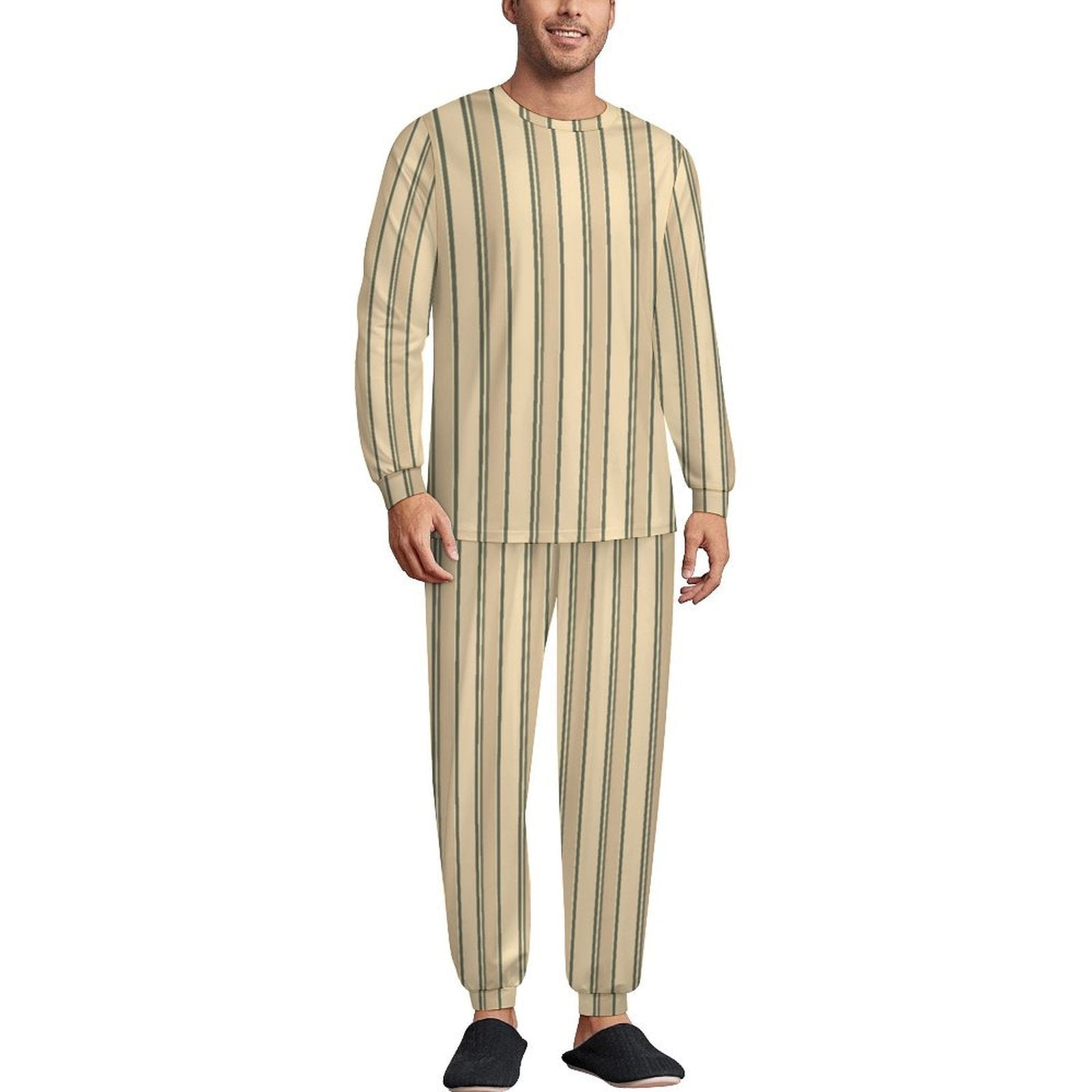 Beige Vertical Stripes Pajamas Man Warm Sleepwear Autumn Long-Sleeve 2 ...