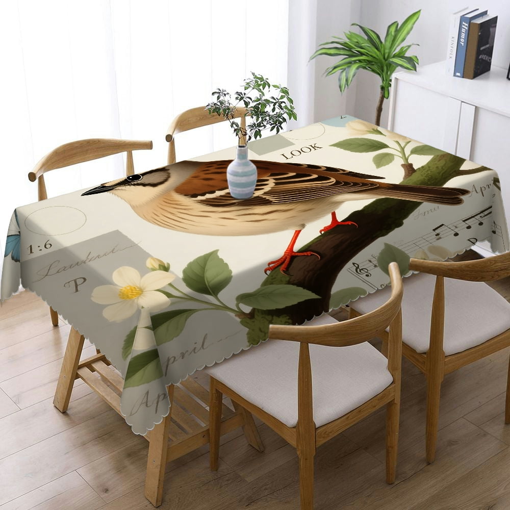 Beige Vintage Bird Rectangular Tablecloth, Machine-Made - Holiday ...
