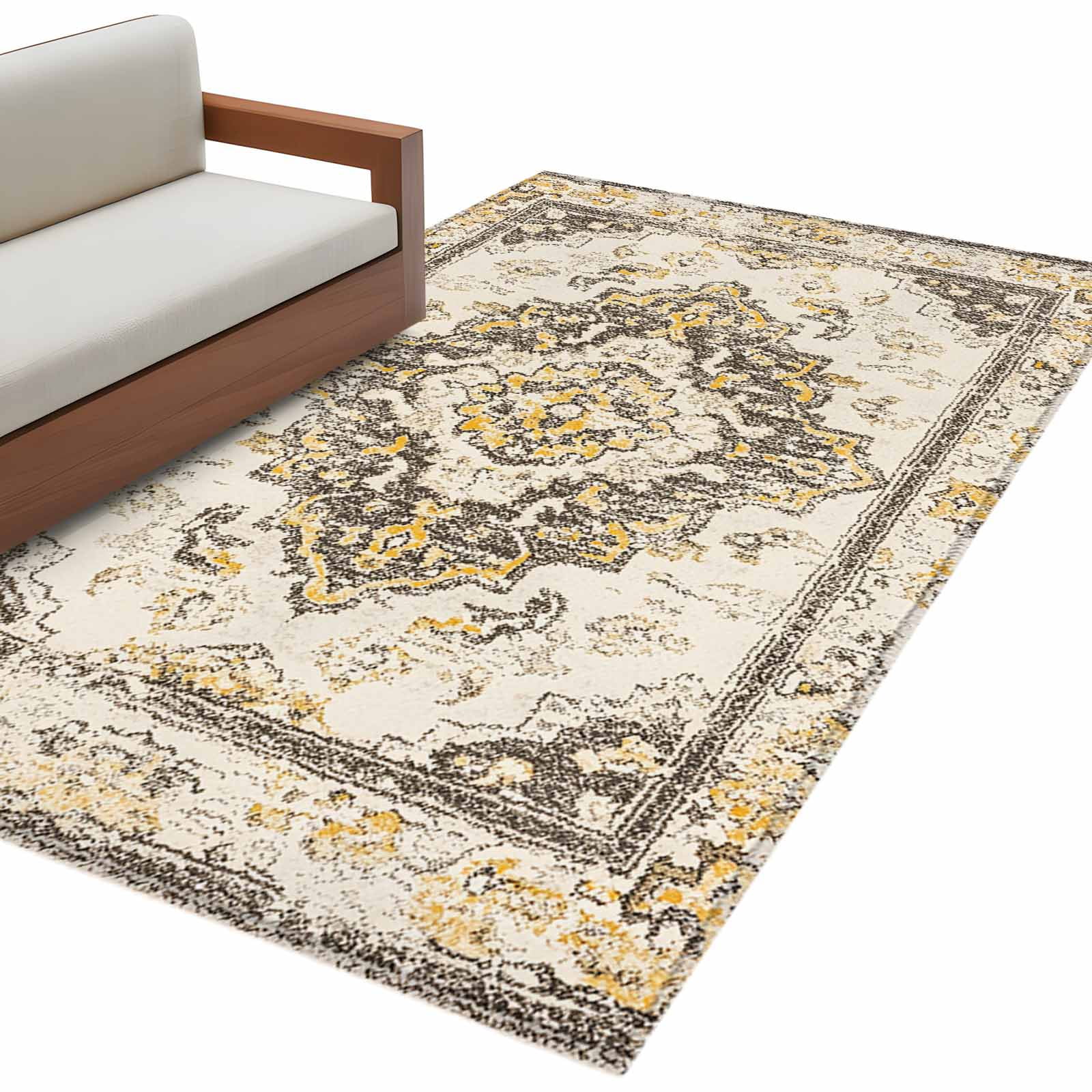 Beige Vintage Boho 3'x5' Washable Rug, Ethnic Tribal Geometric Abstract ...