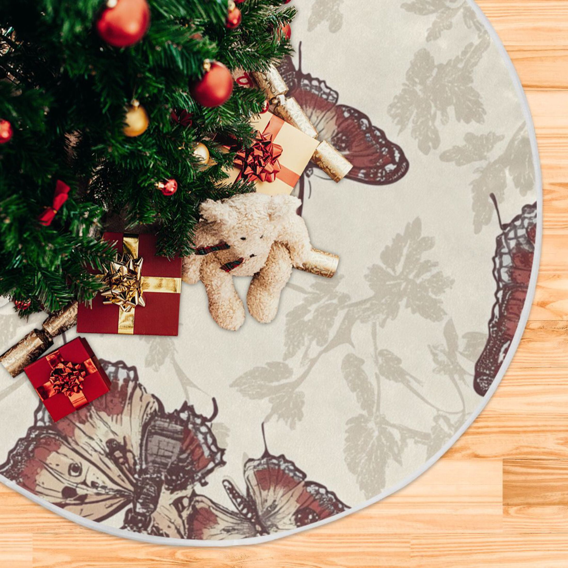Beige Vintage Butterfly Christmas Tree Skirt Stand Mat Waterproof Floor ...