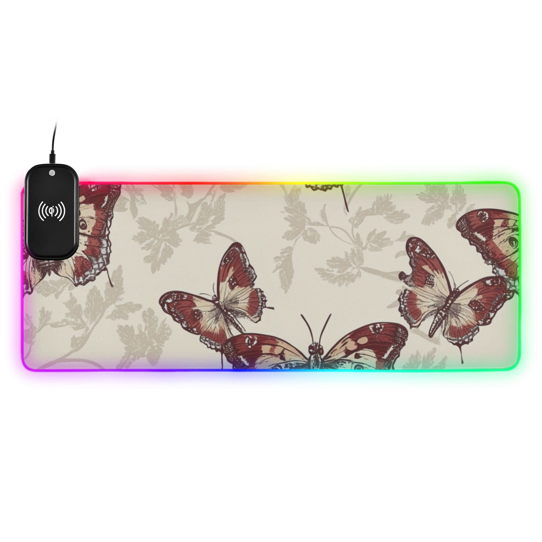 Beige Vintage Butterfly Wireless Charging RGB Gaming Mouse Pad Large ...