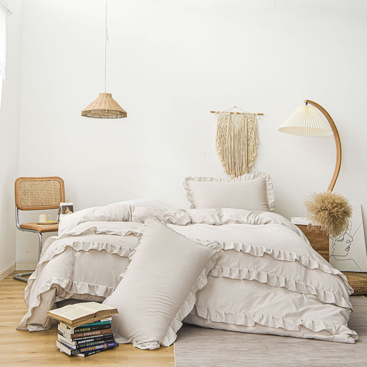 Beige Vintage Ruffle Bedding Set Farmhouse Bedding Set Soft Microfiber ...