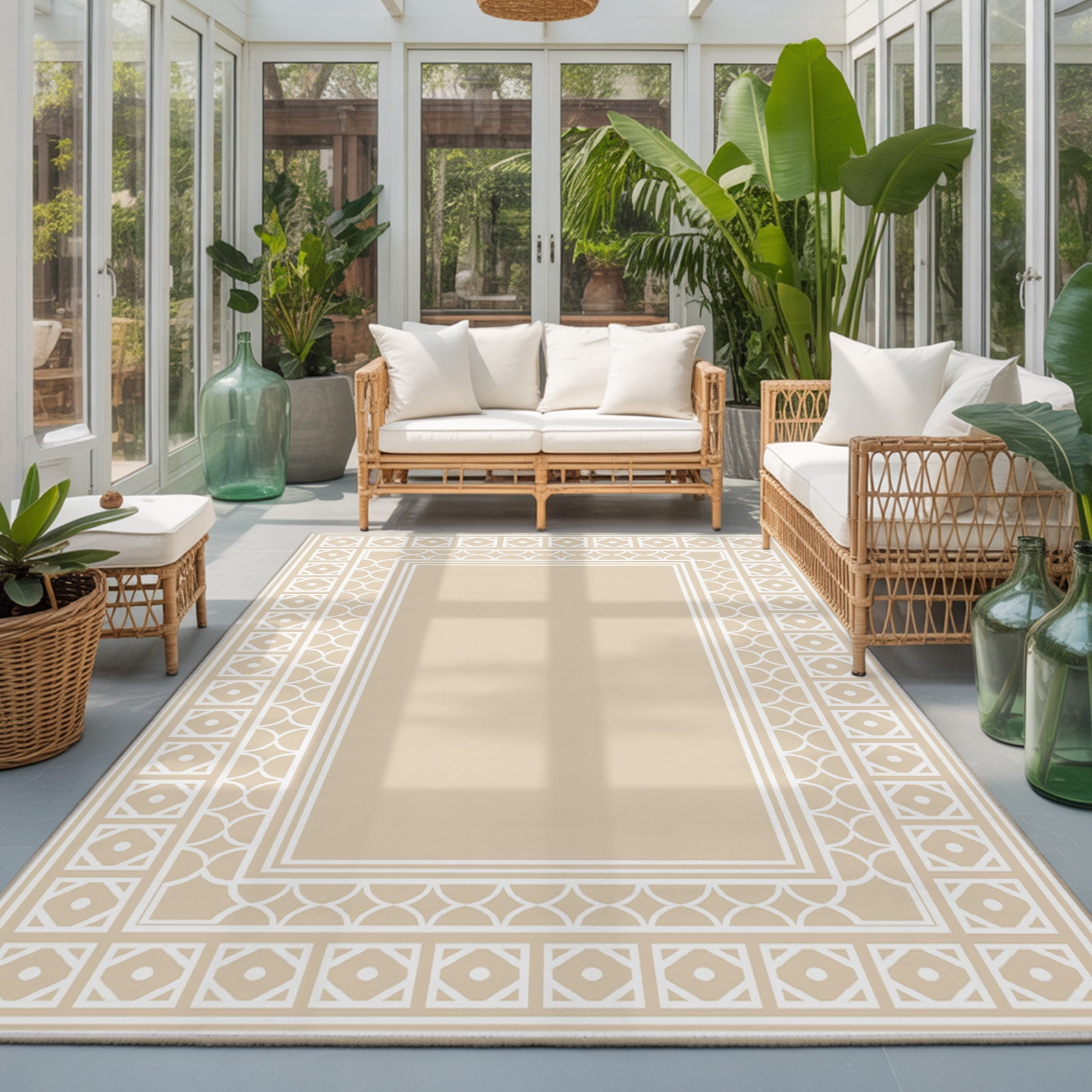 Beige Washable Area Rugs 4'x6', Boho Diamond Pattern Border Rustic ...
