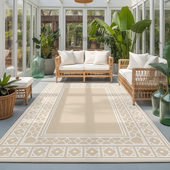 Beige Washable Area Rugs 4'x6', Boho Diamond Pattern Border Rustic ...