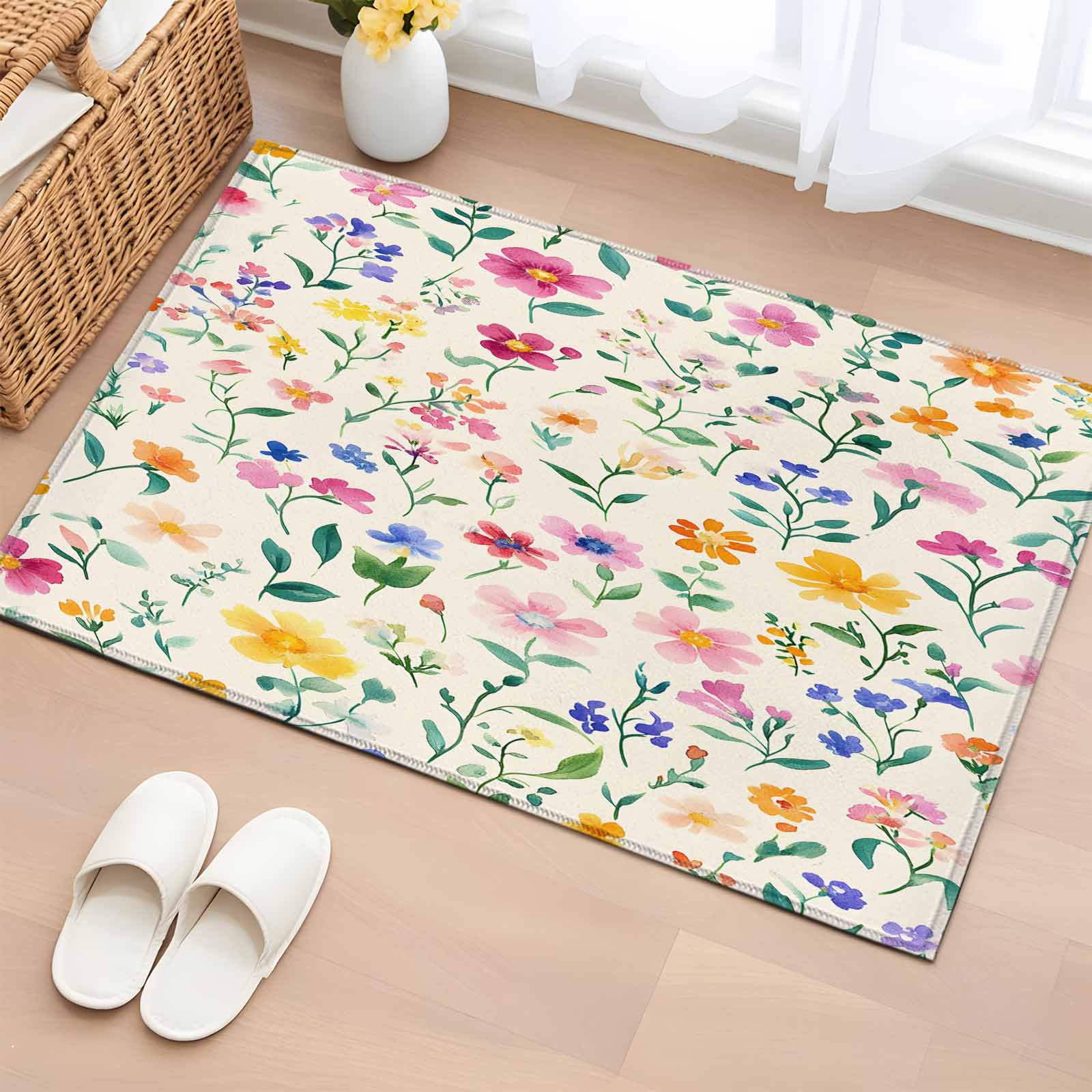 Beige Watercolor Floral Bathroom Rug Washable 2x3 Entryway Rug Non Slip ...