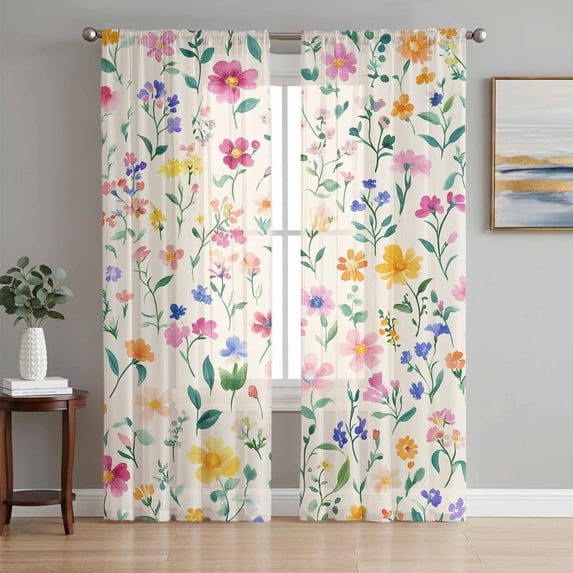 Beige Watercolor Floral Sheer Curtains 84 Inch Length 2 Panels Set ...