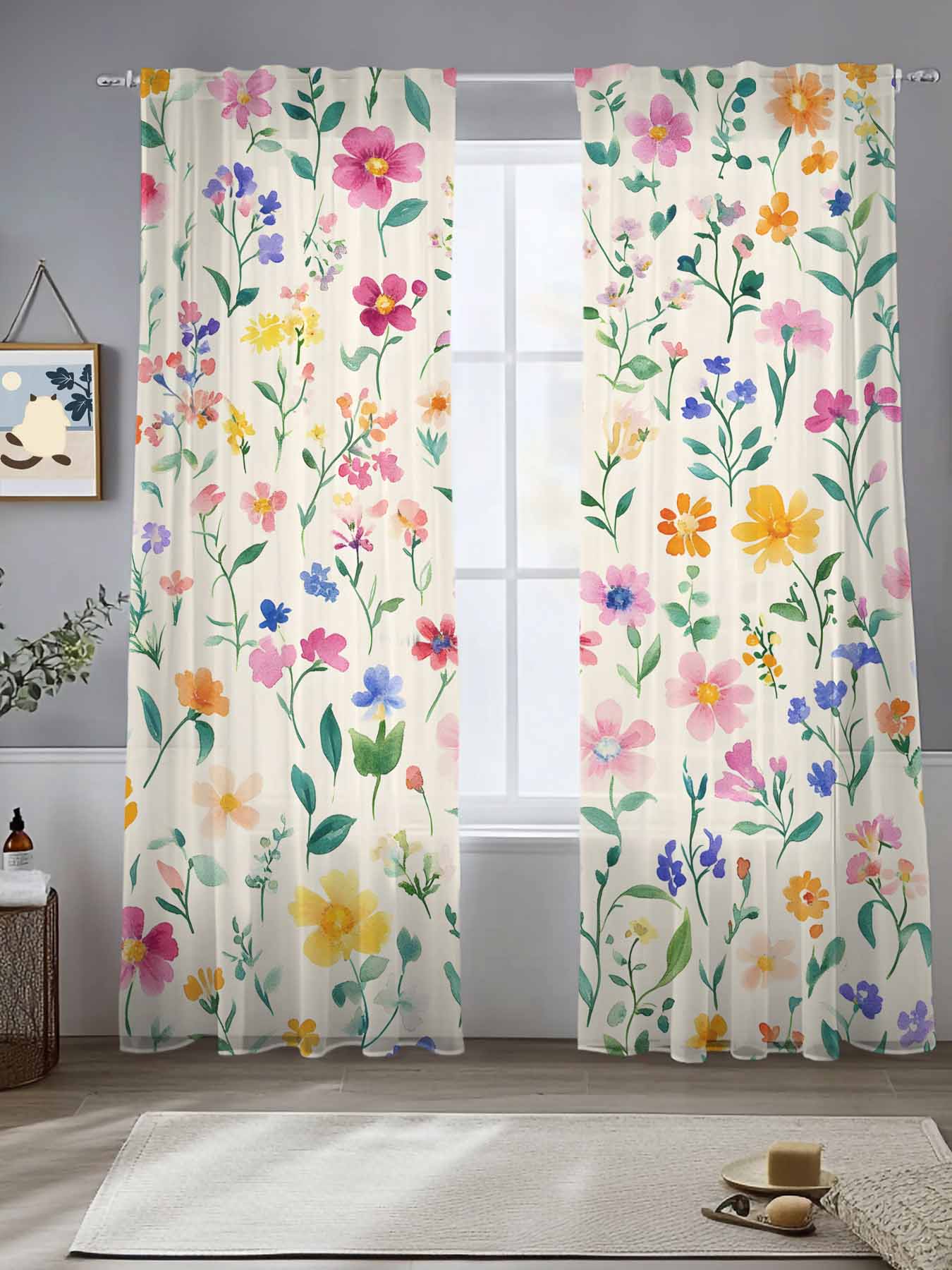 Beige Watercolor Floral Sheer Curtains for Living Room Bedroom Spring ...