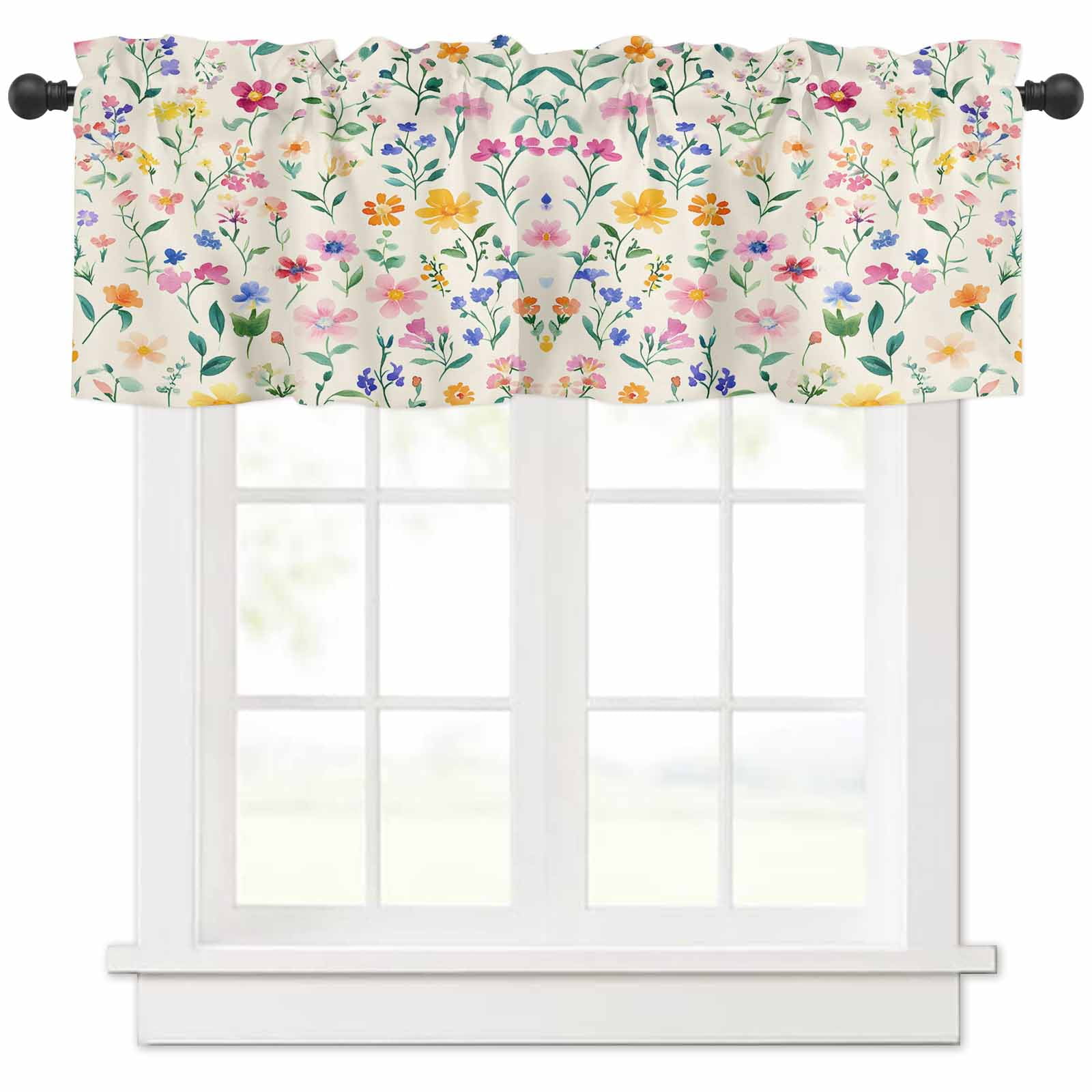 Beige Watercolor Floral Valances for Windows Farmhouse Kitchen Curtains ...