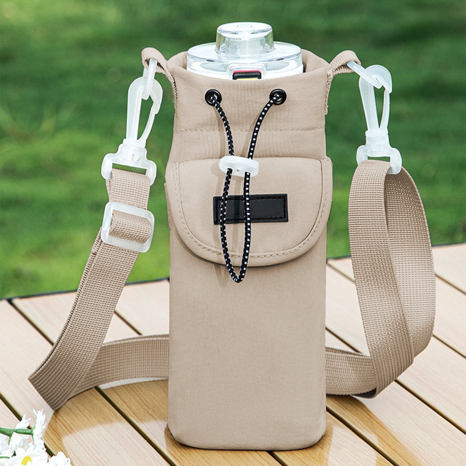 Beige Waterproof Crossbody Water Bottle Bag, Insulated Thermos Sleeve ...