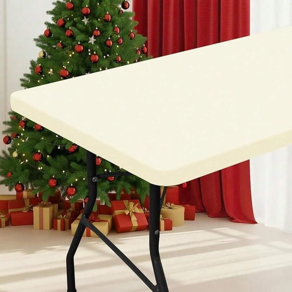 Beige Waterproof Elastic Fitted Tablecloth For 4 Foot Rectangular Table ...