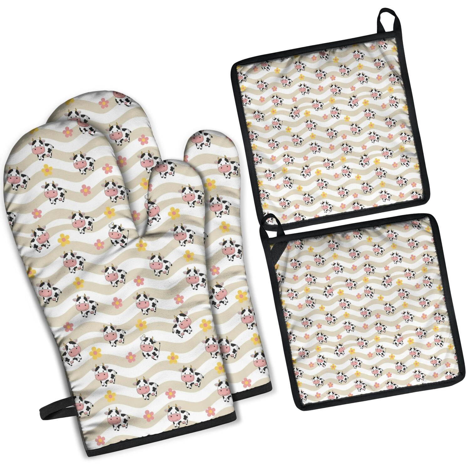 Beige Wave Cow Flower Pattern Kitchen Oven Mitt and Pot Holder Sets 4 ...