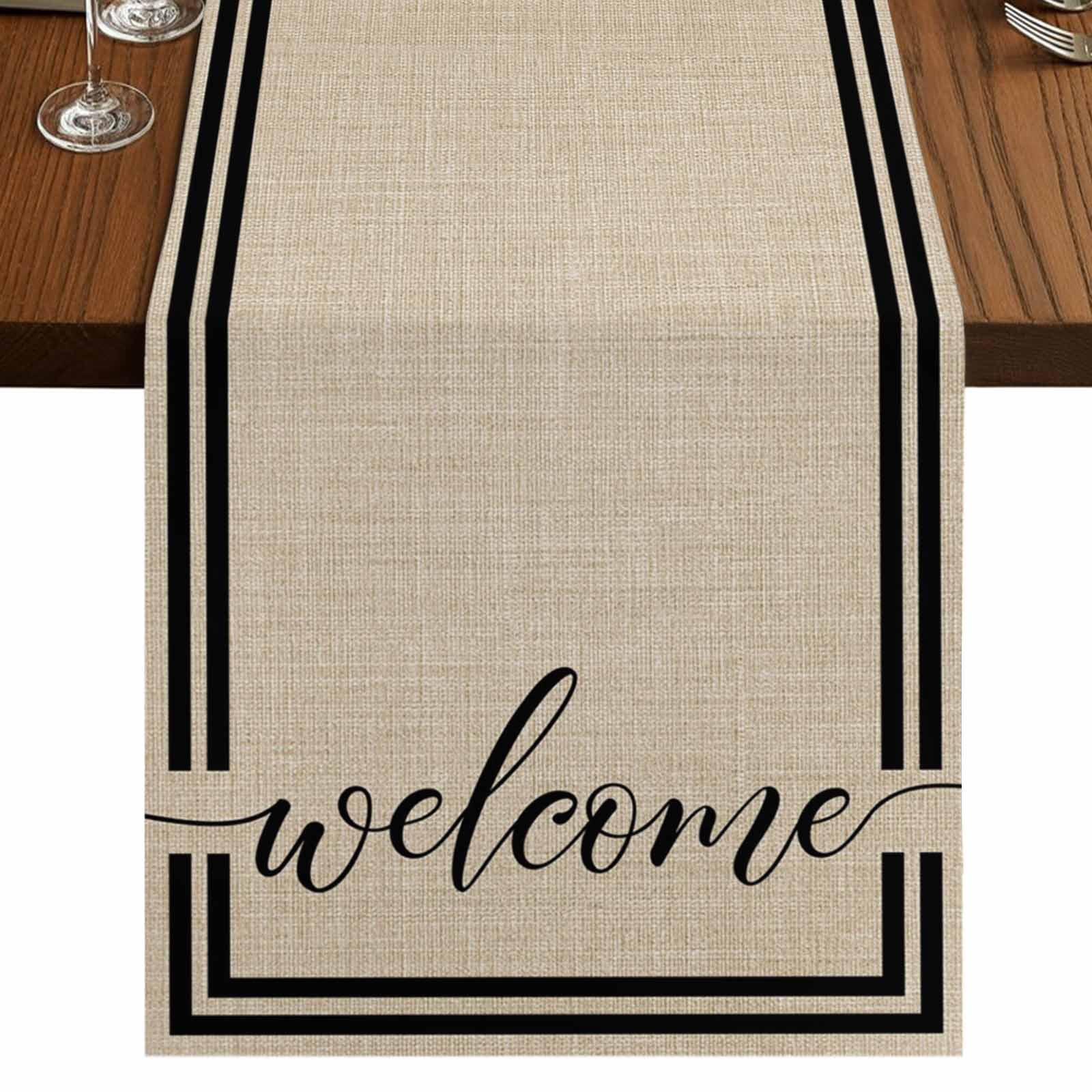 Beige Welcome Burlap Cotton Table Runner 13x108 Inches Long, Modern ...