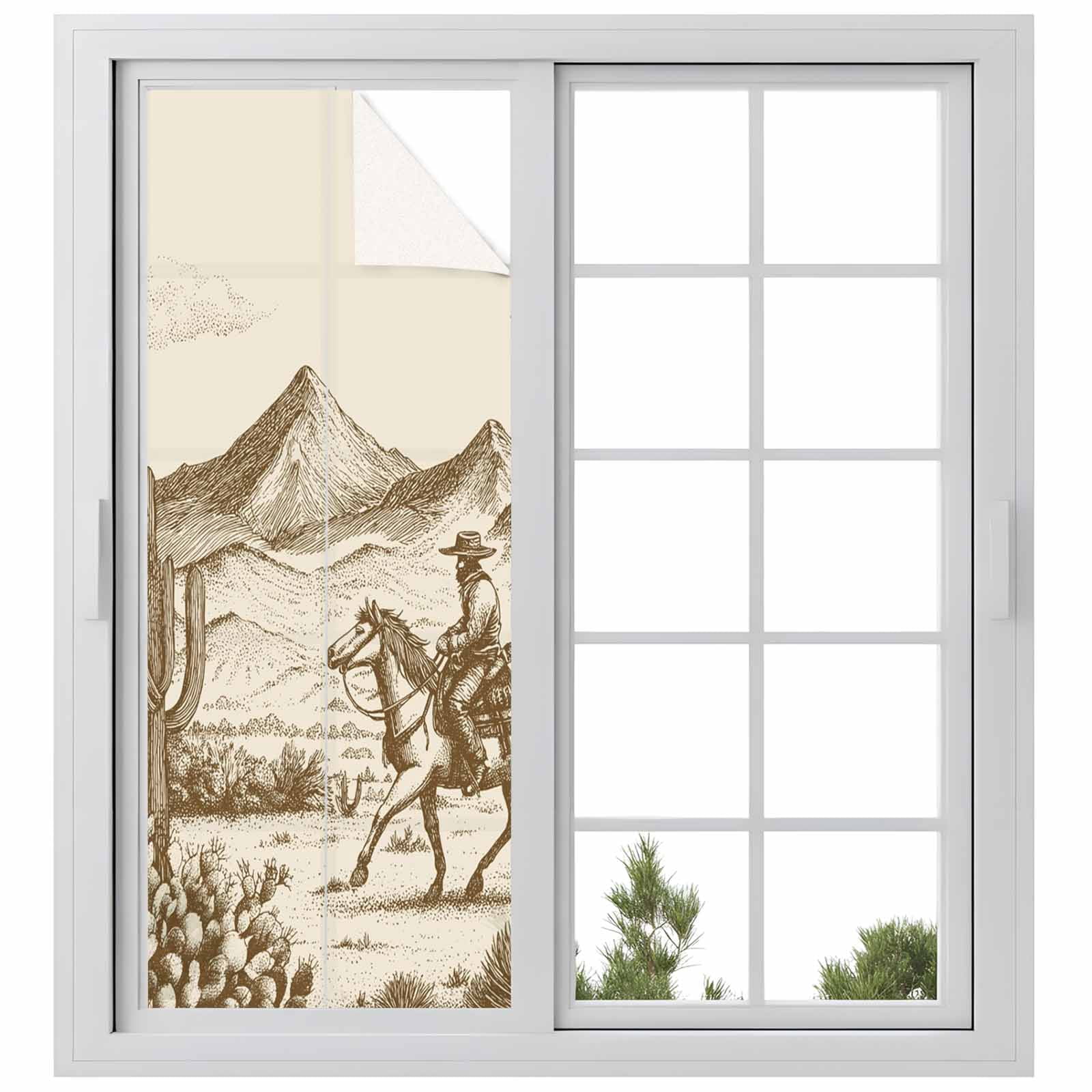 Beige Western Farmhouse Window Privacy Film, Vintage Cowboys Cactus ...