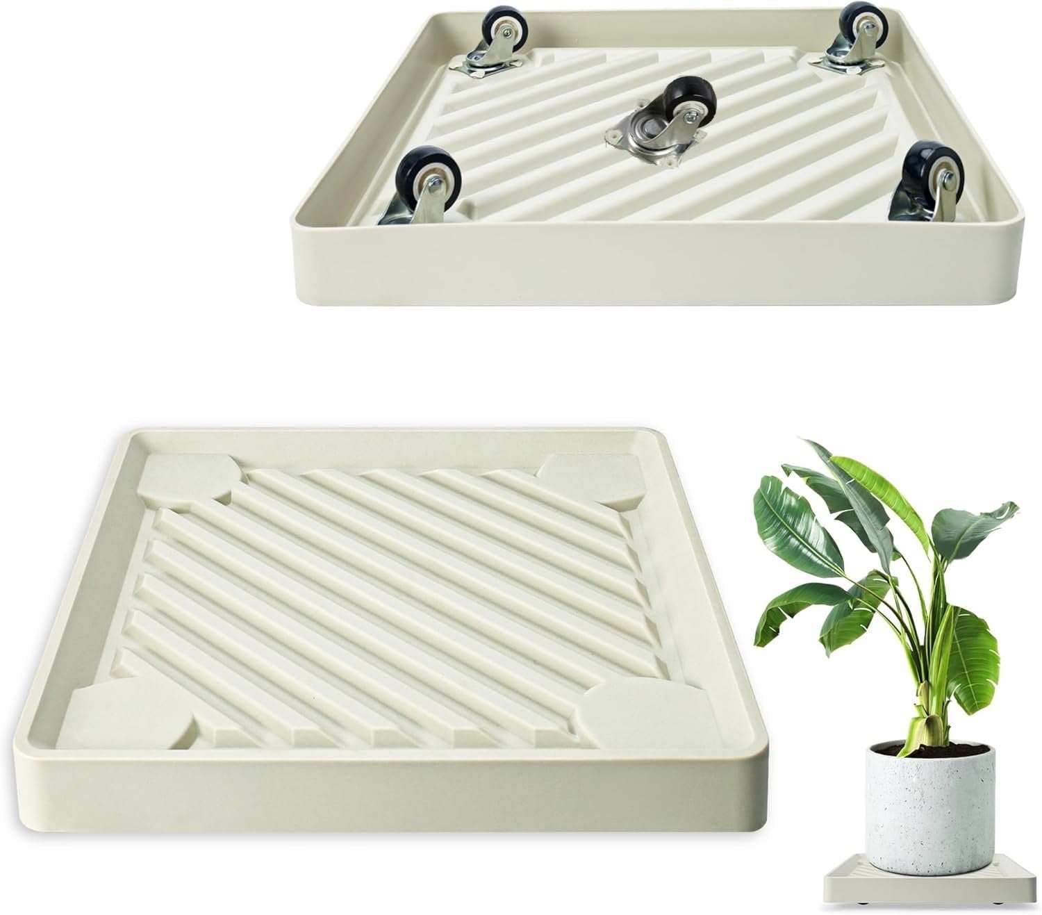 Beige Wheeled Planter Trays,12x12In Durable Rolling Plant Stand with ...