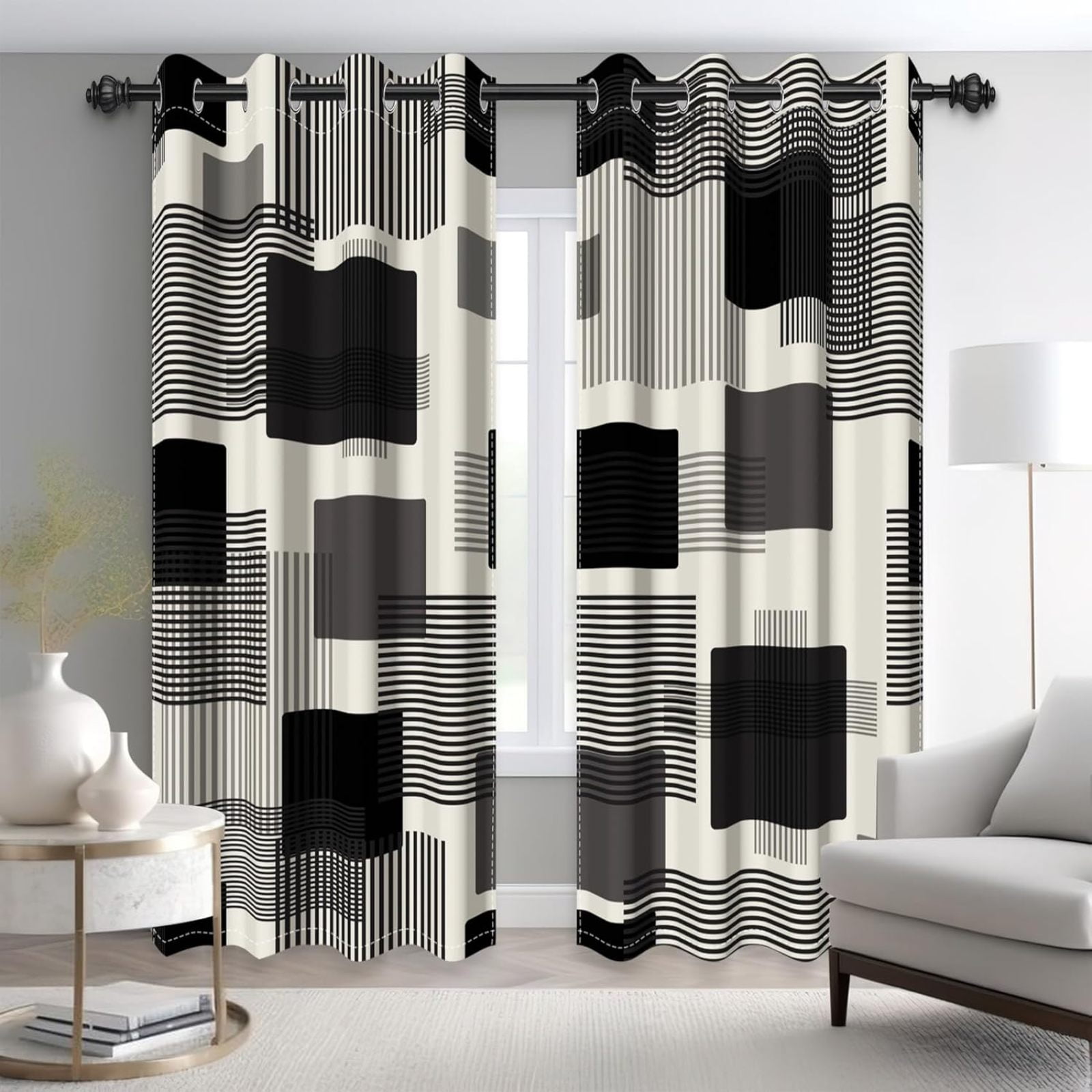 Beige White Black Rectangular Blackout Curtain For Bedroom/Living Room ...