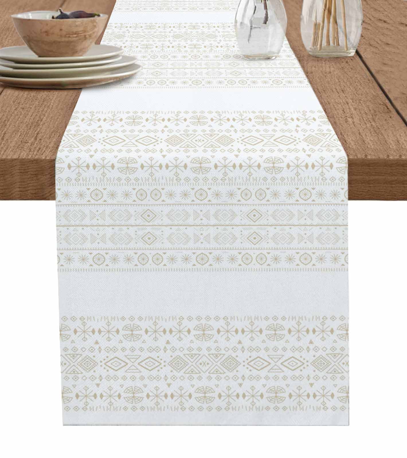 Beige White Boho Table Runner Vintage Ethnic Tribe Abstract Art ...