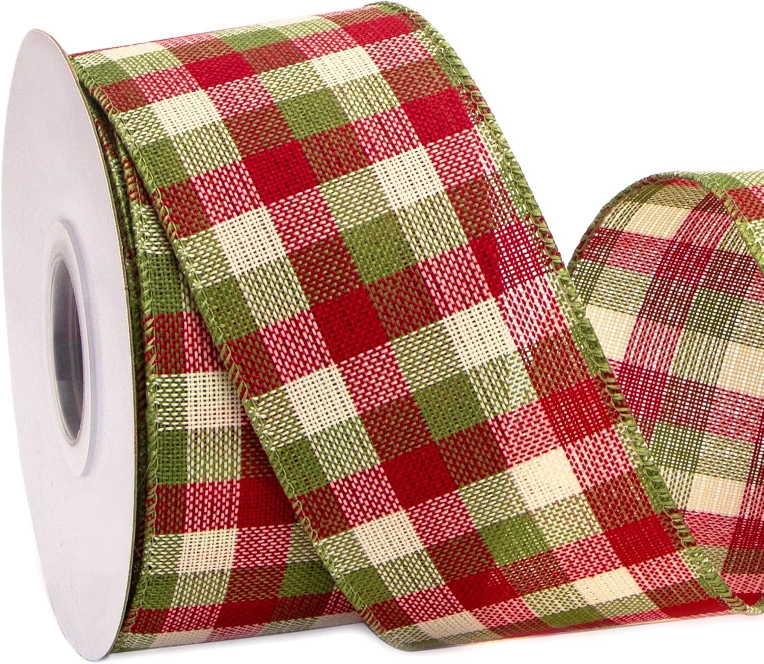 Beige and White Check Wired Ribbon, 2-1/2 Inch x 10 Yard,Rustic Plaid ...
