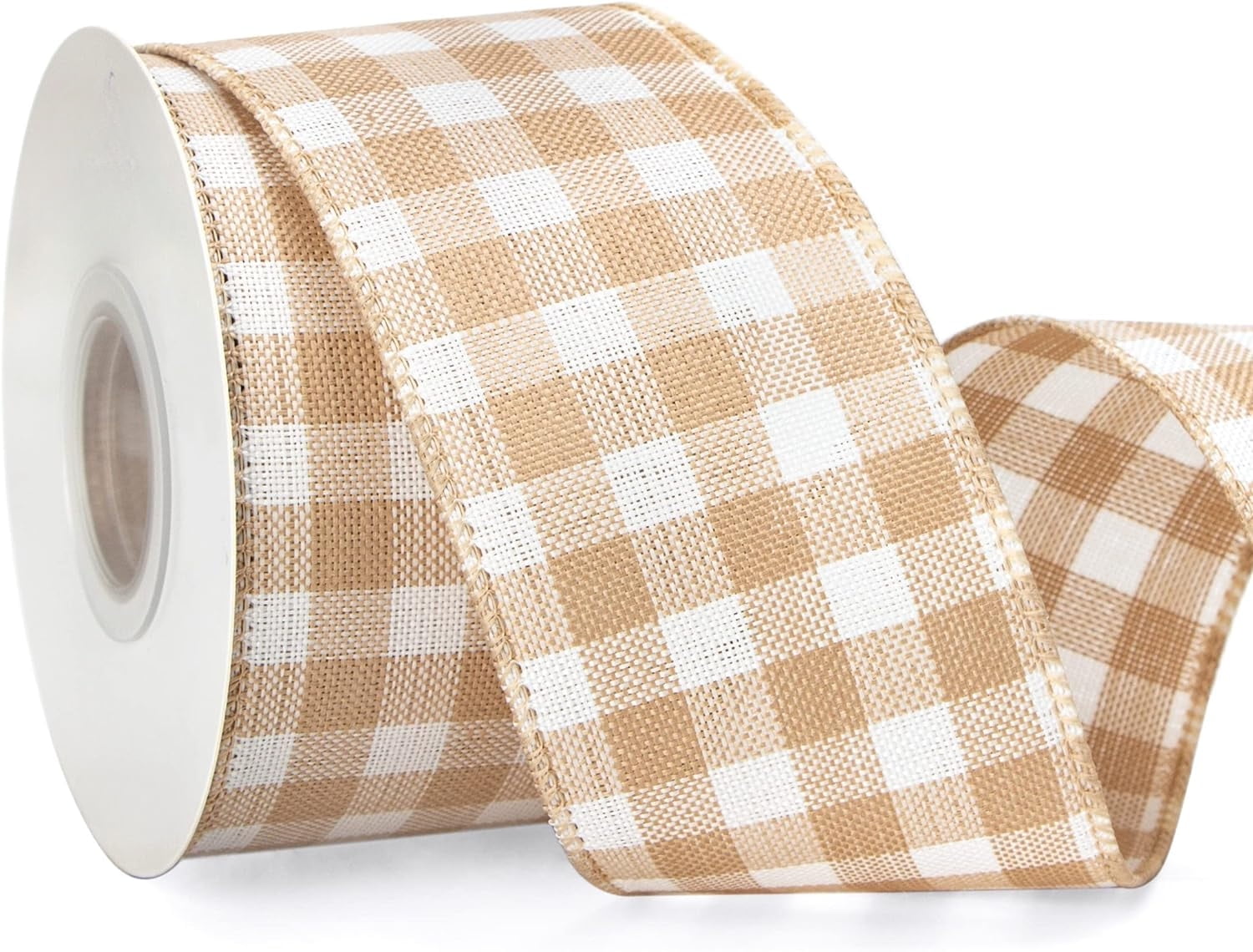 Beige and White Check Wired Ribbon, 2-1/2 Inch x 10 Yard,Rustic Plaid ...