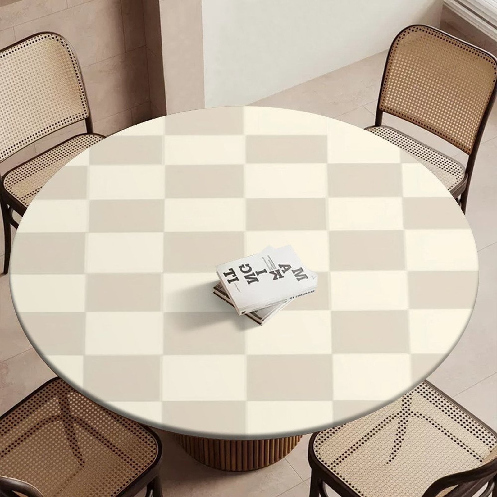 Beige And White Checkered Pattern Round Table Cover Kitchen Printed ...