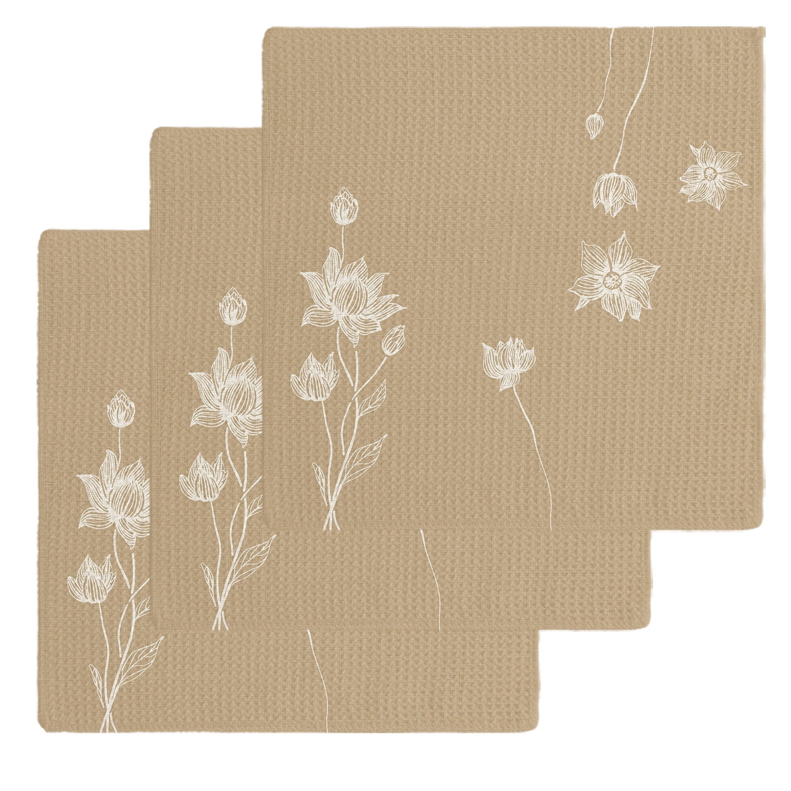 Beige White Floral Kitchen Dish Towels for Drying Dishes Set of 3 ...
