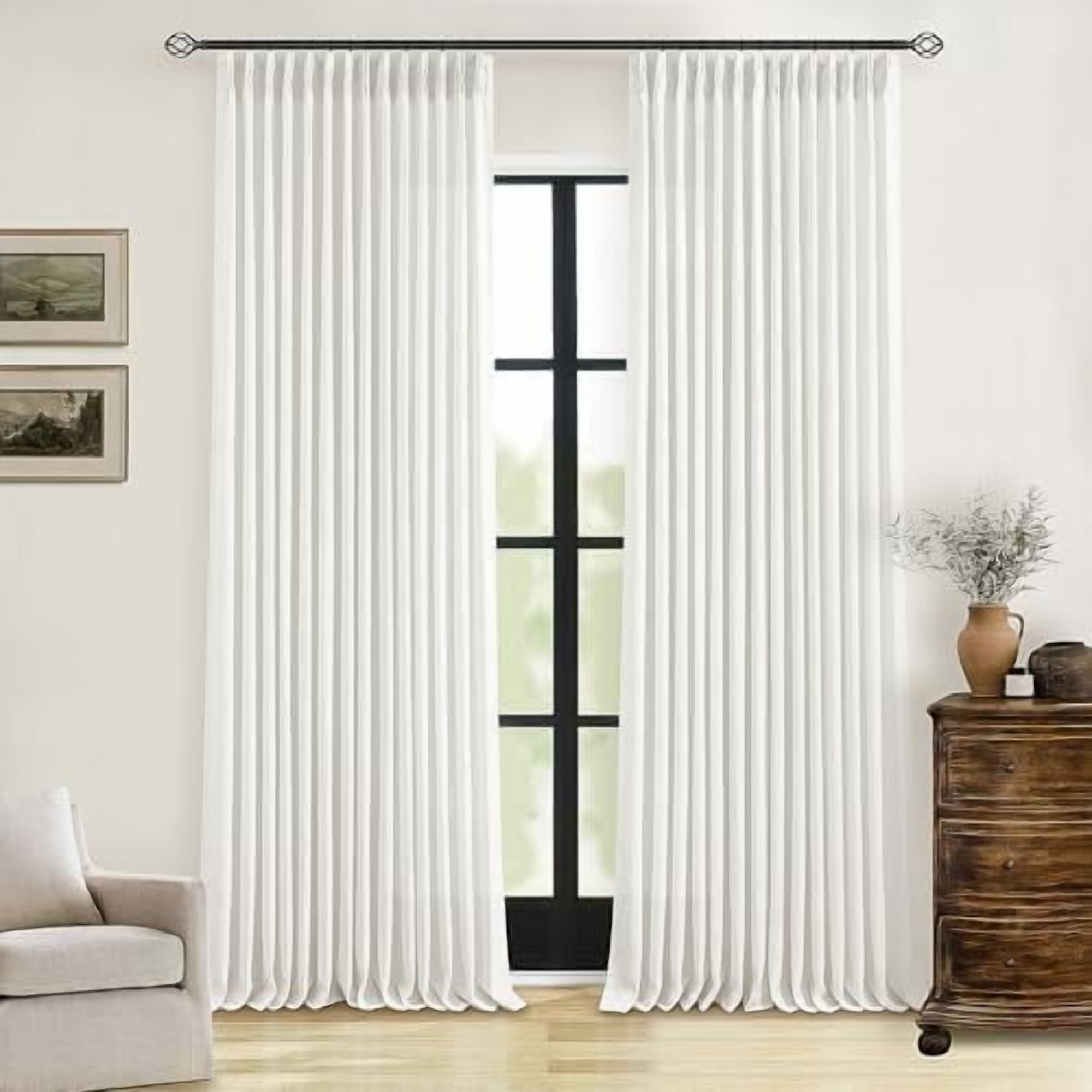 Beige White Linen Curtains 108 Inches Long 2 Panels Set for Living Room ...