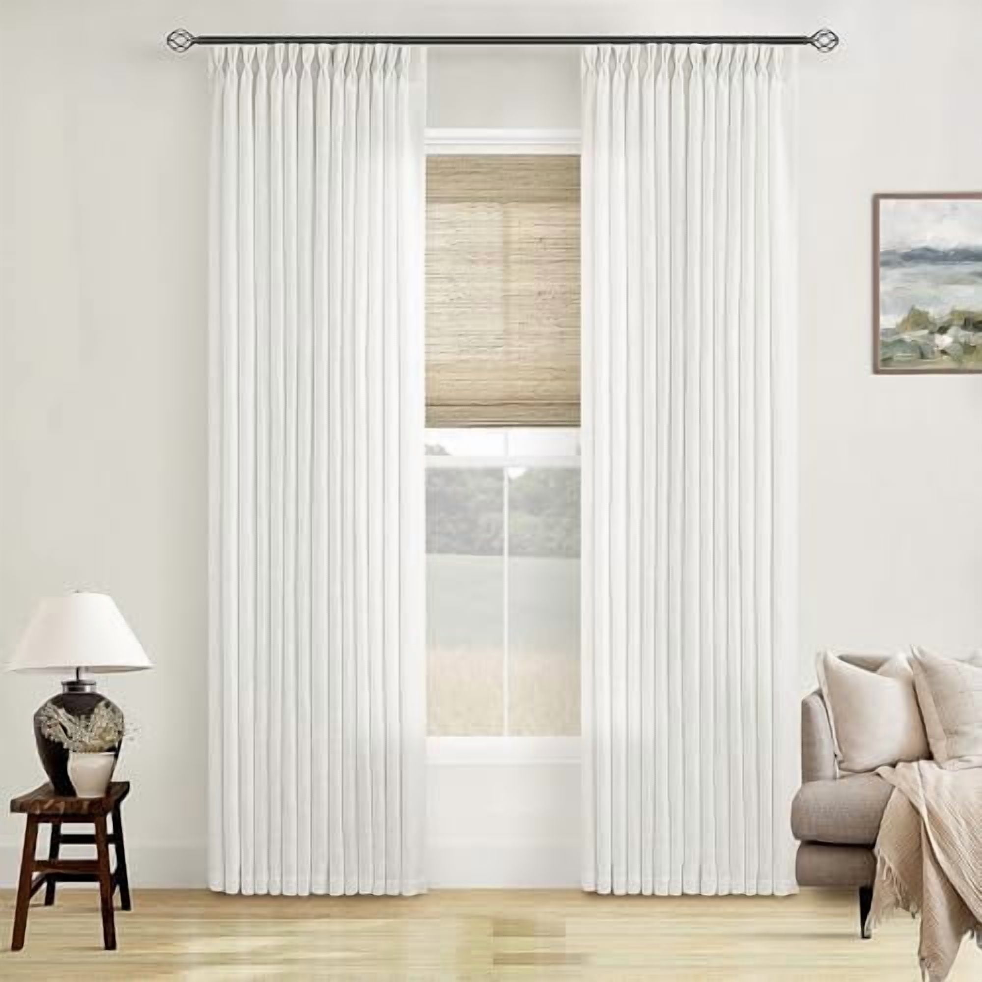 Beige White Linen Curtains Pinch Pleated 84 Inches Long for Living Room ...
