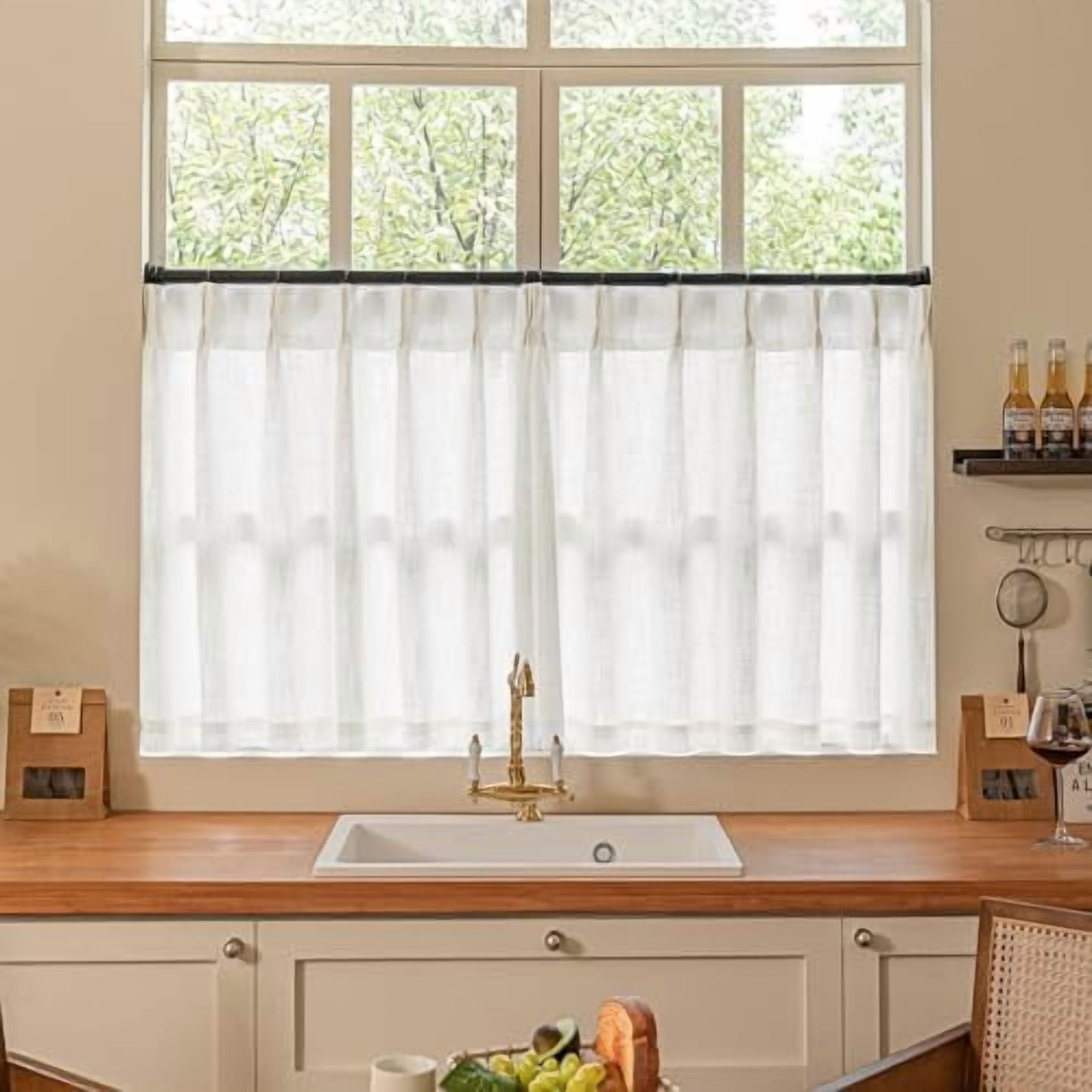 Beige White Linen Pleated Curtains 30 Inch Length Light Filtering Semi ...