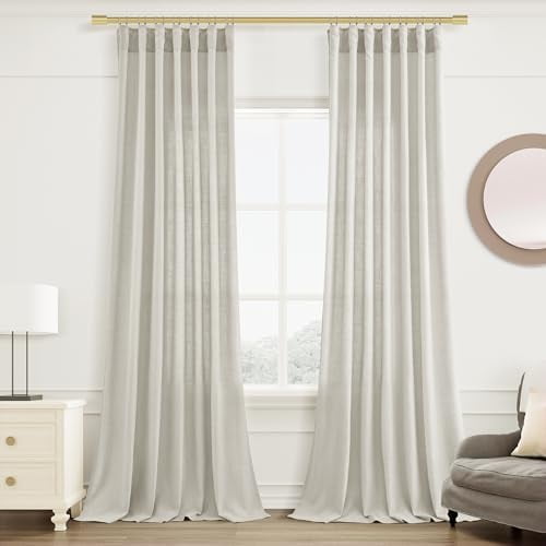Beige White Linen Semi Sheer Curtains 90 Inches Length Light Filtering ...