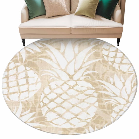 Beige White Pineapple Round Rug 5ft Washable Circle Kitchen Rugs Non ...