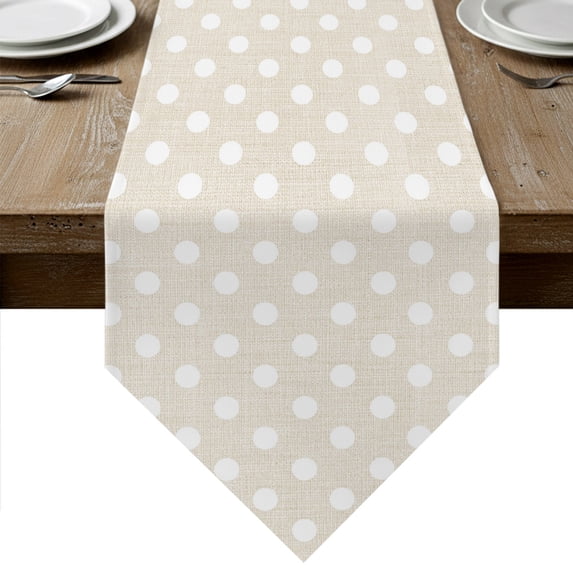 Beige White Polka Dots Table Runner Linen Burlap Table Runner 72 Inches ...