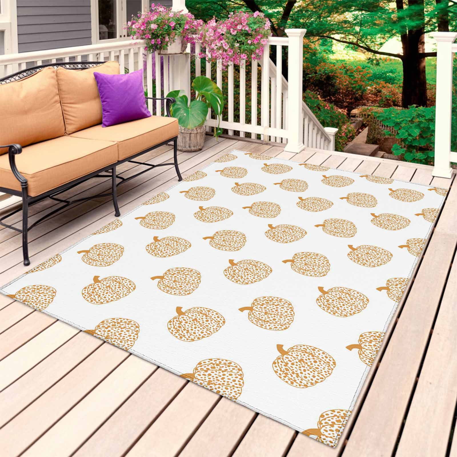 Beige White Pumpkins Fall Outdoor Rug for Patio/Deck/Porch, Non-Slip ...