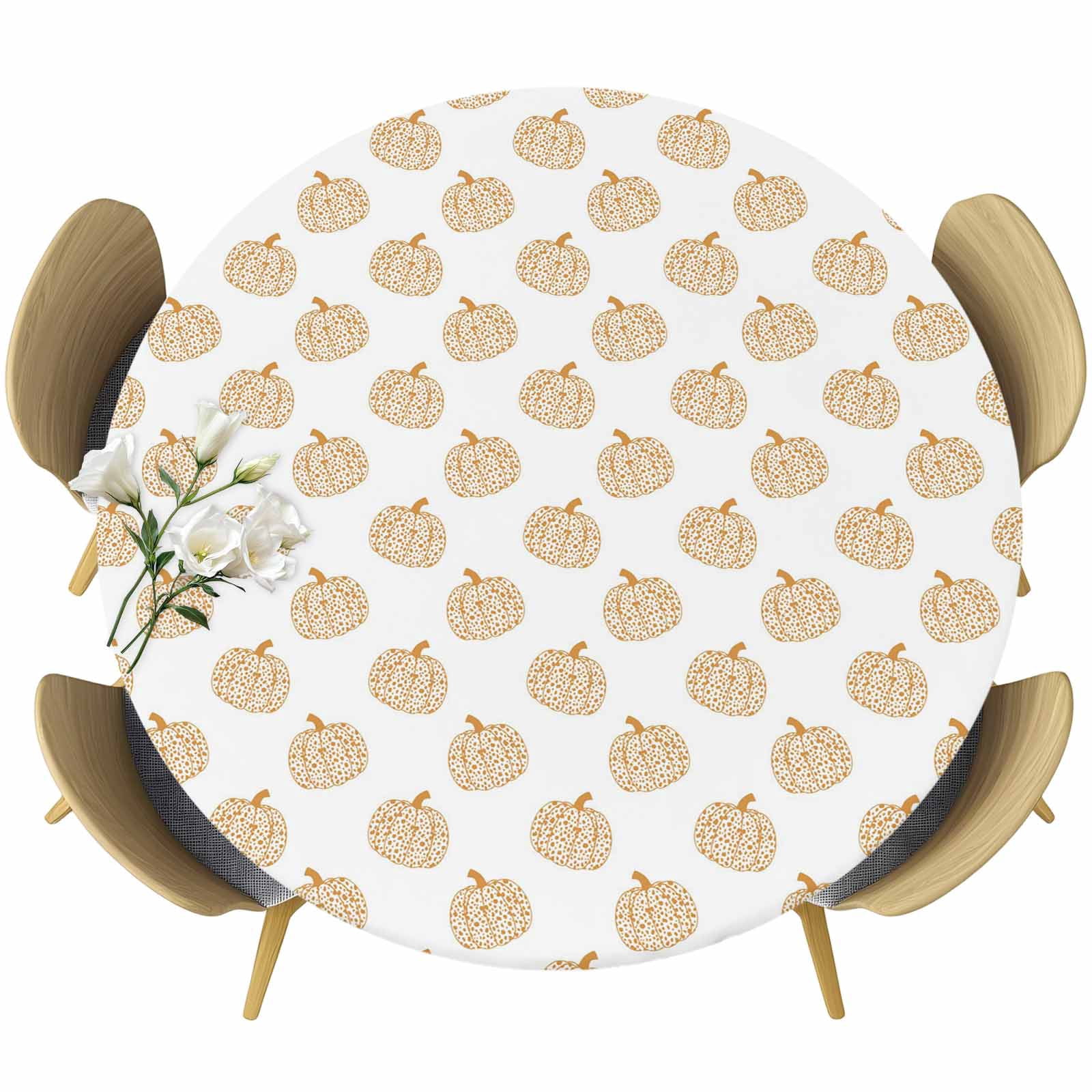 Beige White Pumpkins Fall Round Tablecloth, Fitted Table Cover with ...