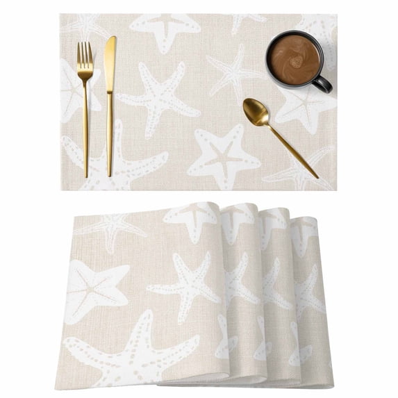 Beige White Starfish Coastal Placemats Set of 4 Nautical Summer Ocean ...