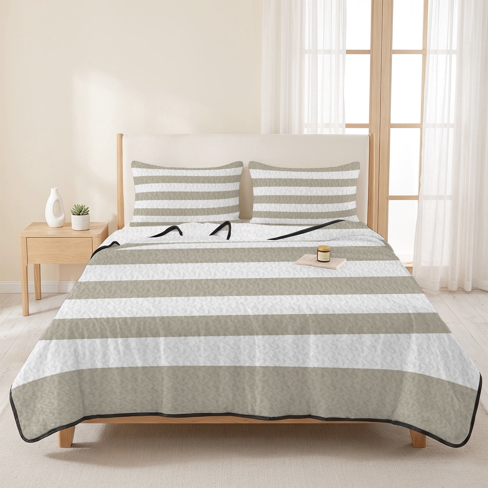 Beige and White Stripe 3 Pieces Quilt Set,1 Quilt with 2 Shams,Rustic ...
