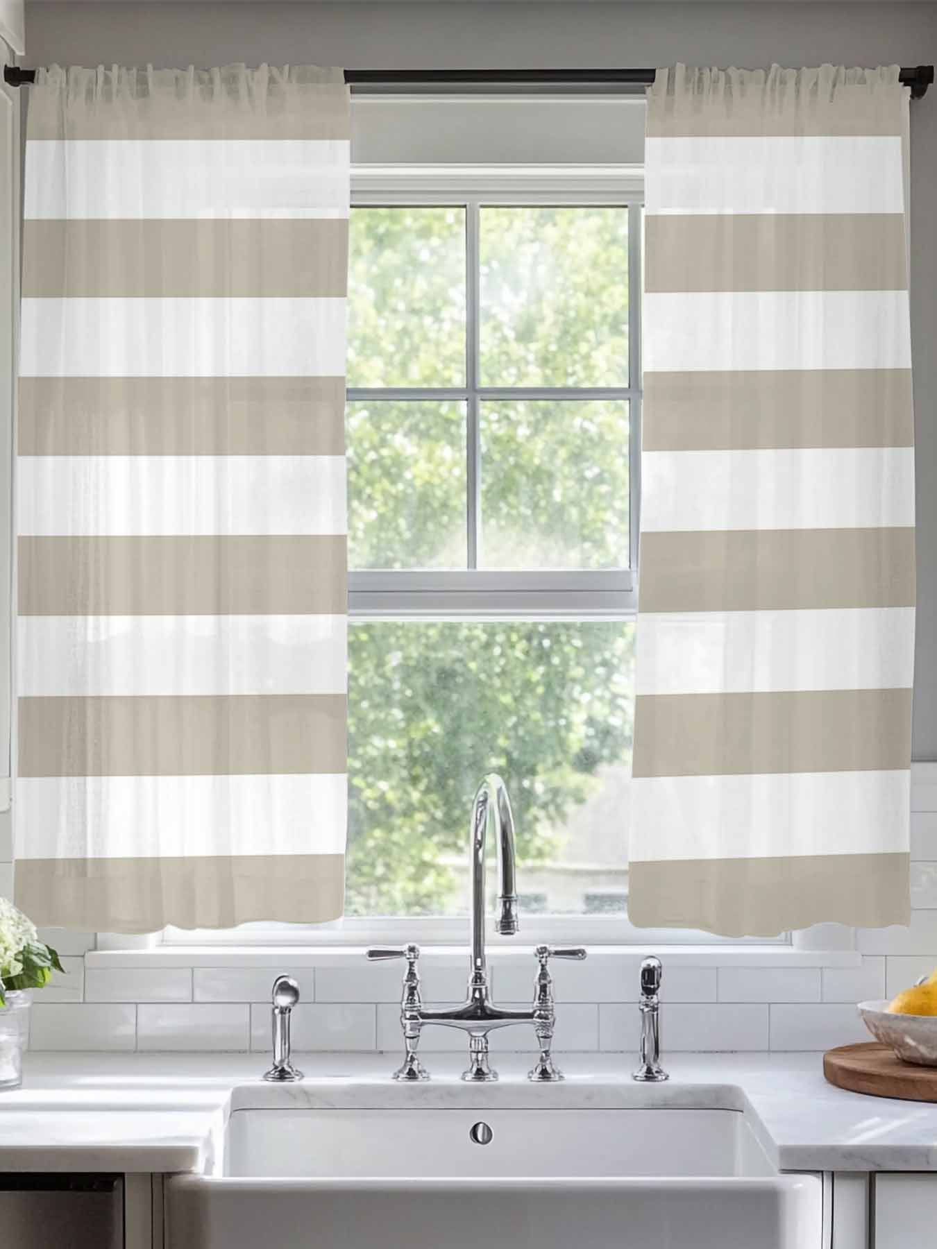 Beige and White Stripe Sheer Curtains 2 Panels Set Rustic Country Farm ...