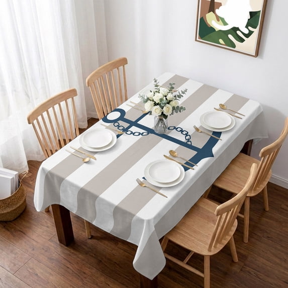 Beige White Striped Table Cloth Waterproof Tablecloths, Navy Blue Beach ...